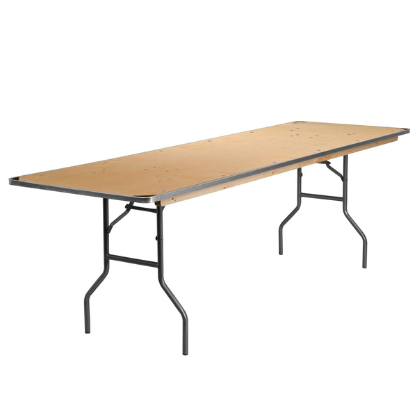 8 Foot Rectangular HEAVY DUTY Birchwood Folding Banquet Table with METAL Edges and Protective Corner Guards