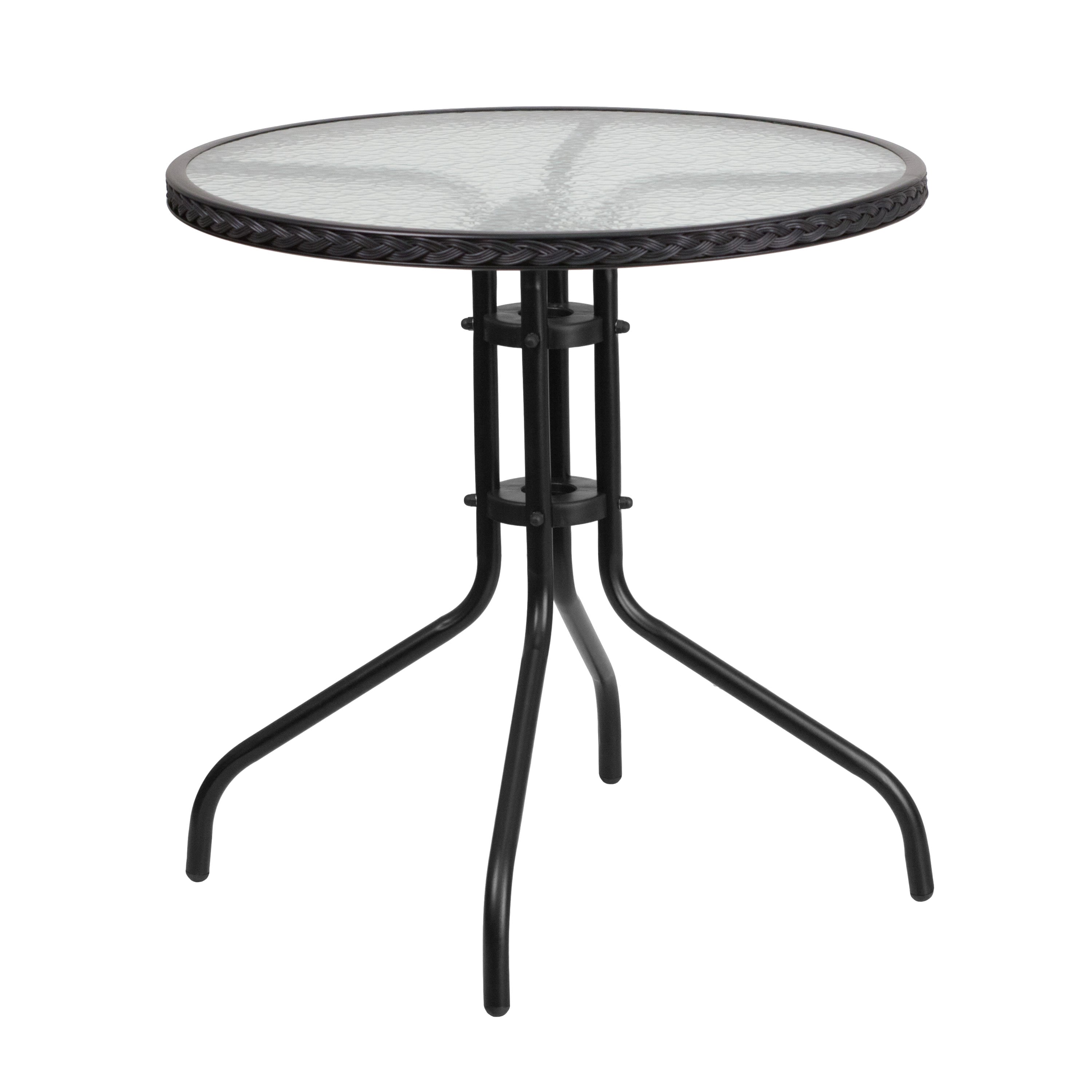 Flash Furniture 28 in. Round Tempered Glass Metal Table with Rattan Edging Black