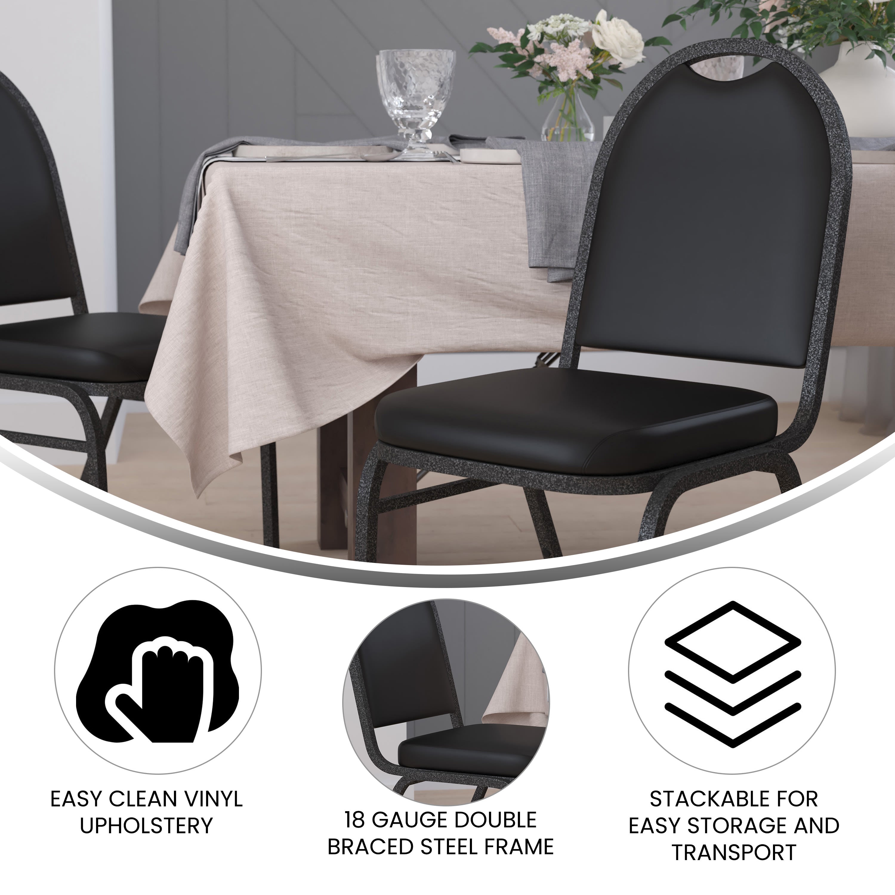 Flash Furniture Hercules Series Commercial Grade 500 lbs Capacity Dome Back Stacking Banquet Chair in Black Vinyl with Silver Vein Metal Frame